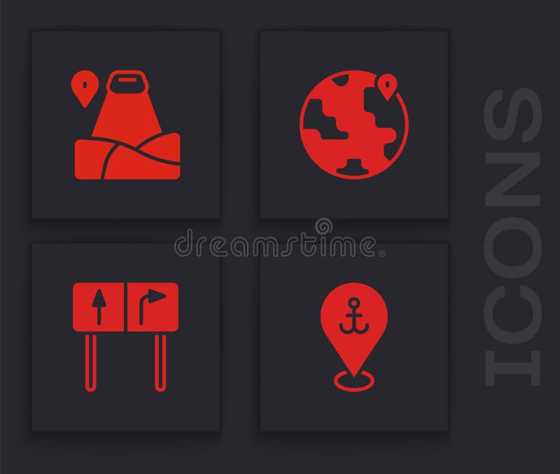 Set Location with Anchor, Mountain, the Globe and Road Traffic Sign ...