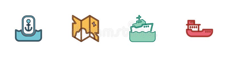 Set Location with Anchor, Pirate Treasure Map, Cruise Ship and Cargo ...