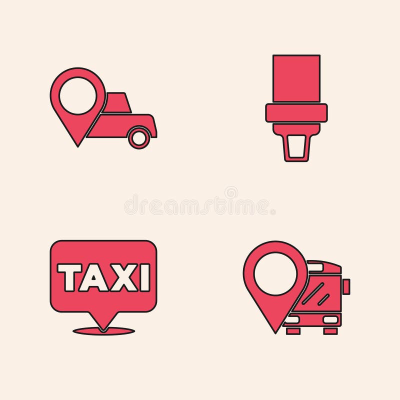 Set Location with Bus, Taxi, Safety Belt and Icon. Vector Stock Vector ...
