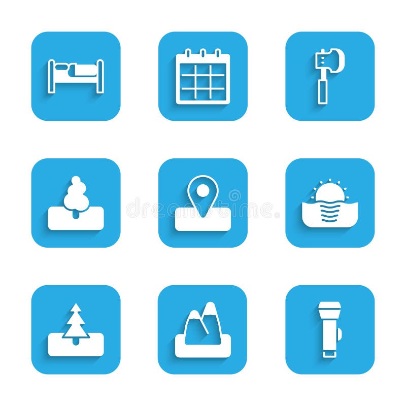 Set Location for Camping, Mountains, Flashlight, Sunrise, Tree, Wooden ...