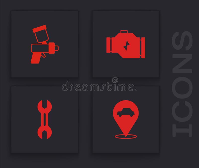 Set Location with Car Service, Paint Spray Gun, Check Engine and Wrench ...