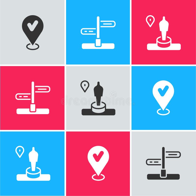 Set Location with Check Mark, Road Traffic Sign and and Monument Icon ...