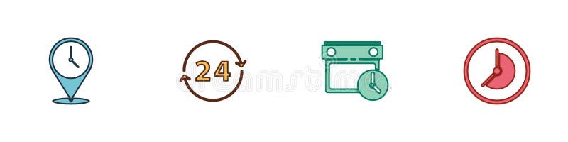 Set Location with Clock, Clock 24 Hours, Calendar and and Icon. Vector ...