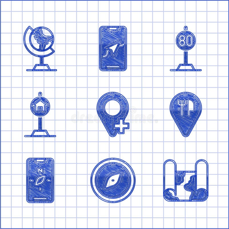 Set Location, Compass, Folded Map, Cafe and Restaurant Location, Mobile ...