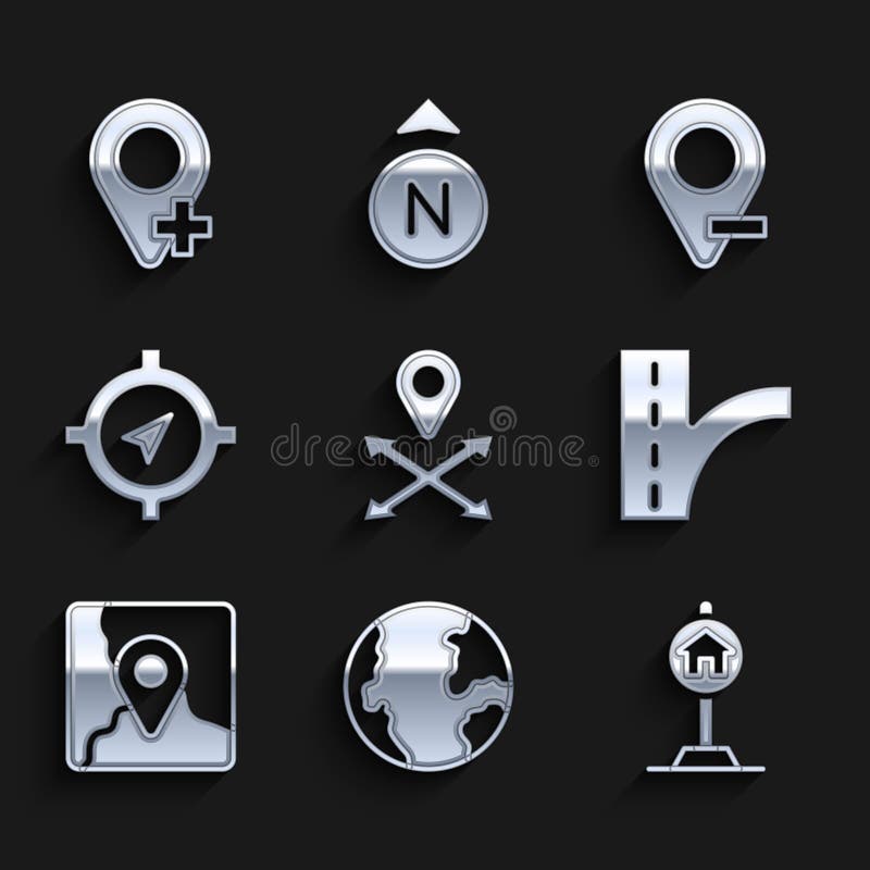 Set Location, Earth Globe, Hotel Sign for Traffic, Road, Folded Map ...