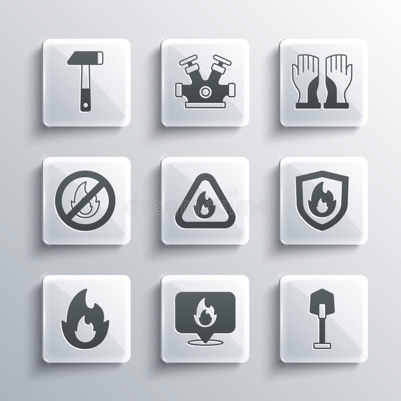 Set Location with Fire Flame, Fire Shovel, Protection Shield, in ...