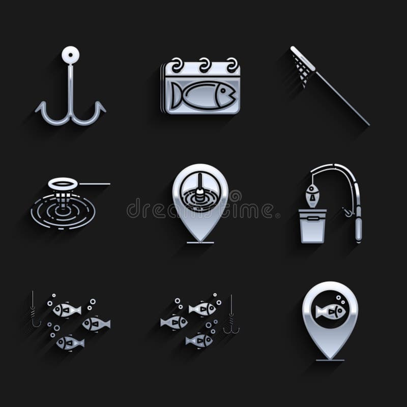 Set Location Fishing, Fishing Hook Under Water with, Rod and, Net, and ...