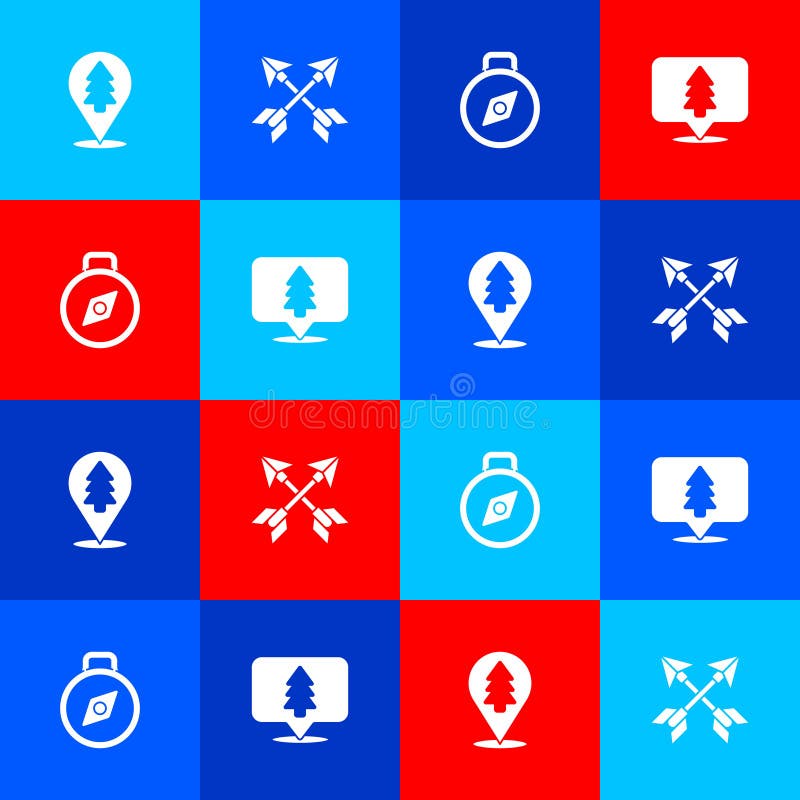 Set Location of the Forest, Crossed Arrows, Compass and Icon. Vector ...