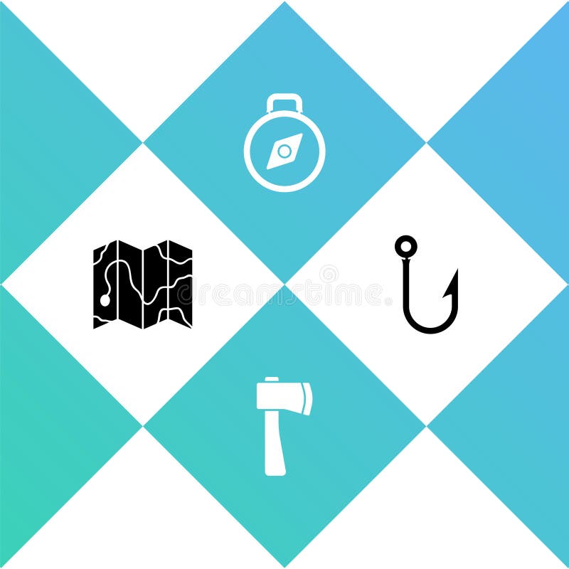 Set Location of the Forest on Map, Wooden Axe, Compass and Fishing Hook ...