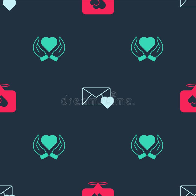 Set Location with Heart, Envelope Valentine and Heart Hand on Seamless ...