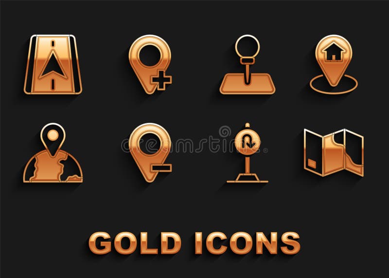 Set Location, with House, Folded Map, Turn Back Road Sign, the Globe ...