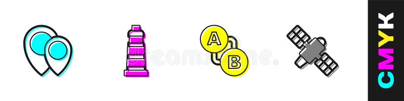 Set Location, Lighthouse, Route Location and Satellite Icon. Vector ...