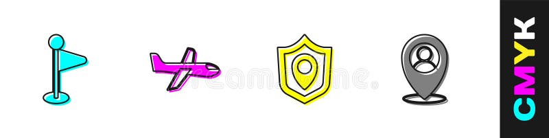 Set Location Marker, Plane, Shield and with Person Icon. Vector Stock ...