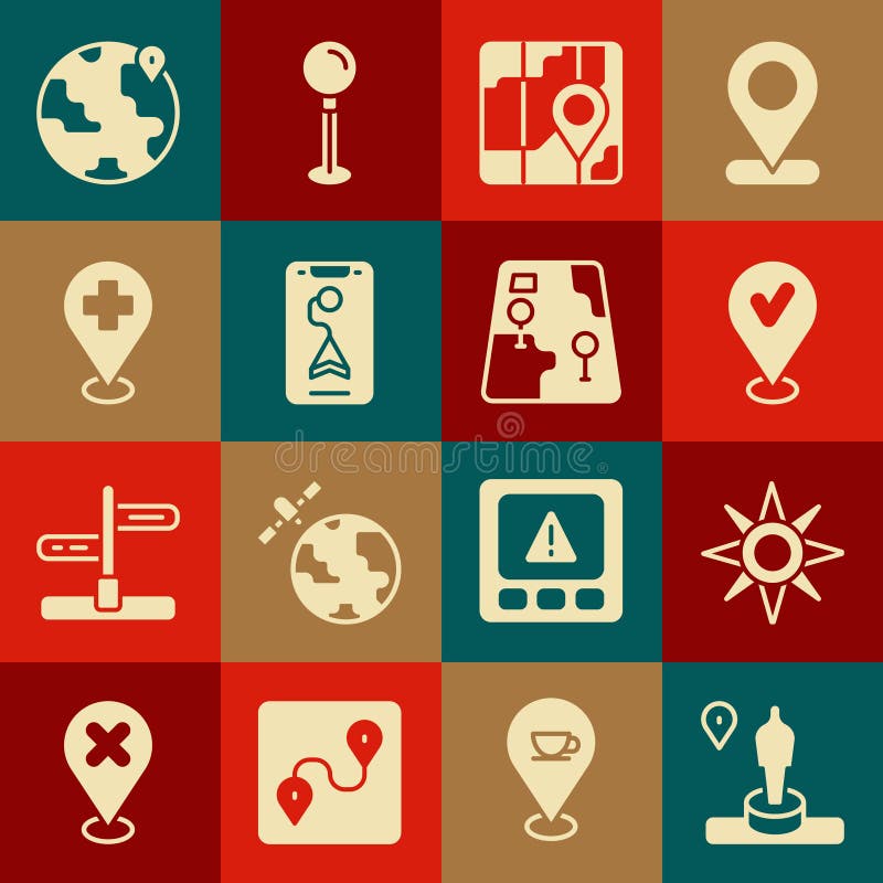 Set Location and Monument, Wind Rose, with Check Mark, City Map ...