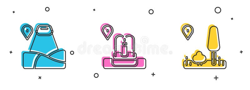 Set Location with Mountain, Fountain and City Map Navigation Icon ...