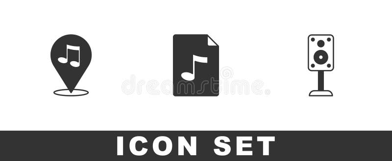 Set Location Musical Note, MP3 File Document and Stereo Speaker Icon ...
