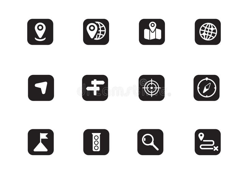 Set of Location and Navigation Icons in Rounded Rectangle Shape Stock ...