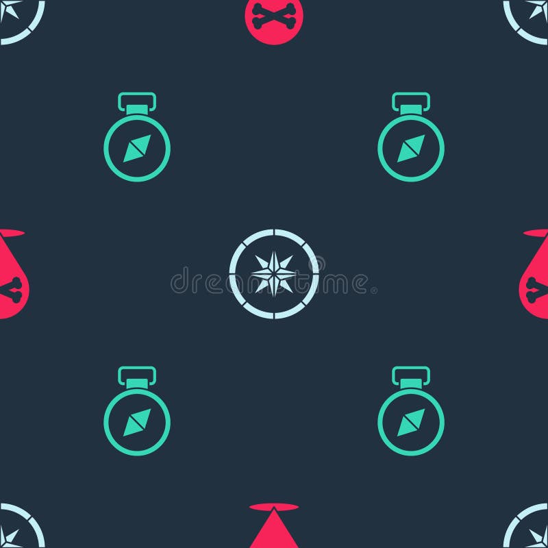 Set Location Pirate, Compass and on Seamless Pattern. Vector Stock ...
