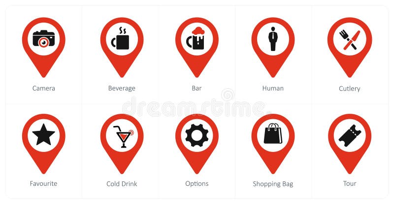 A Set of 10 Location Pointer Icons As Camera, Beverage, Bar Stock ...