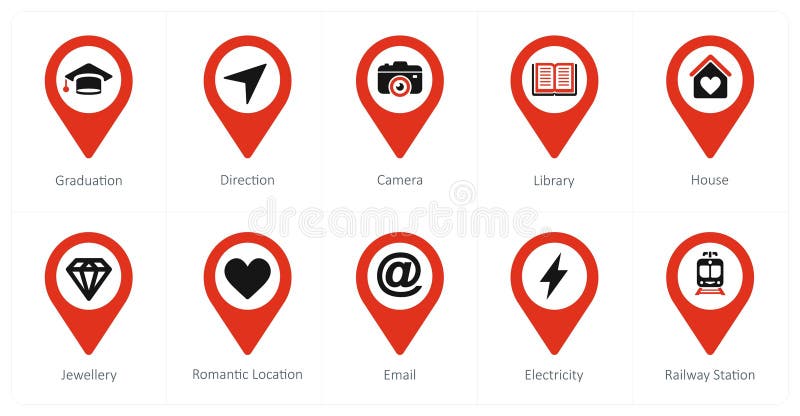 A Set of 10 Location Pointer Icons As Graduation, Direction, Camera ...