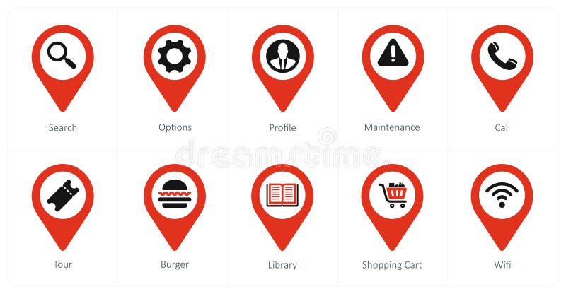 A Set of 10 Location Pointer Icons As Search, Options, Profile Stock ...