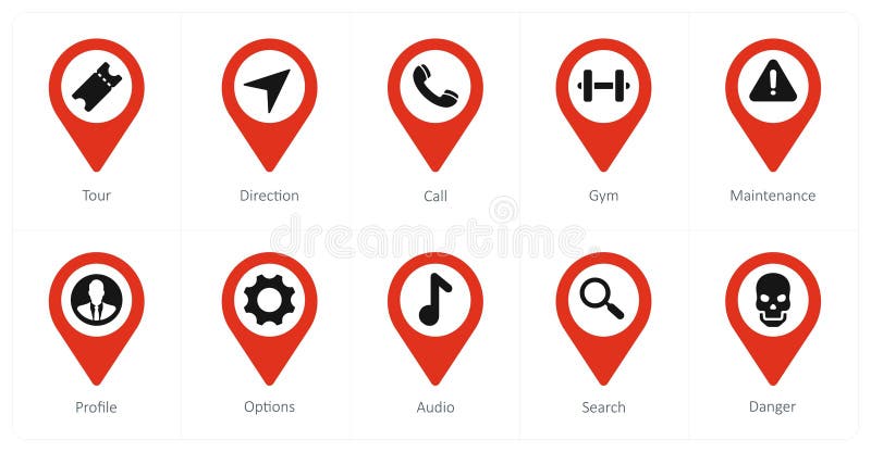 A Set of 10 Location Pointer Icons As Tour, Direction, Call Stock ...