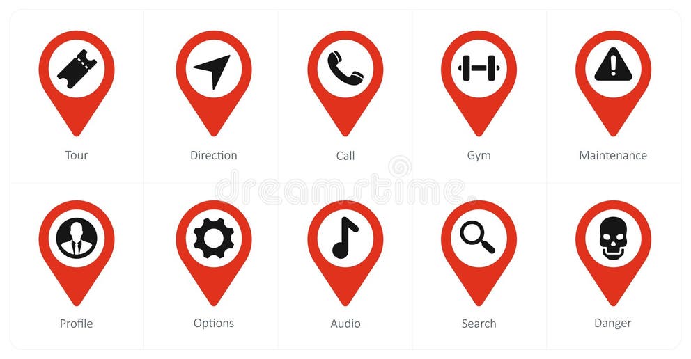 A Set of 10 Location Pointer Icons As Tour, Direction, Call Stock ...