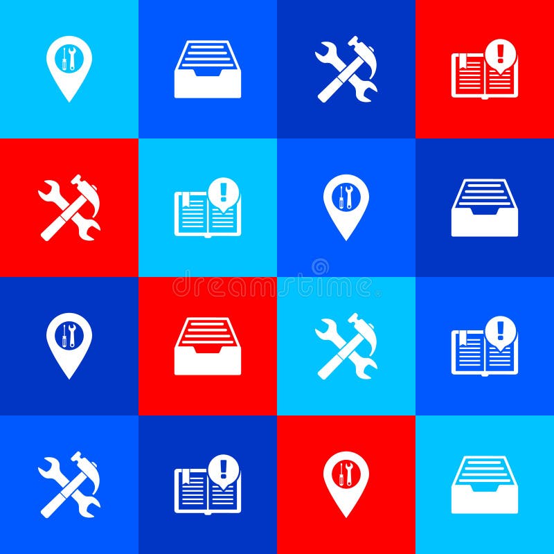 Set Location Service, Drawer with Documents, Crossed Hammer and Wrench ... Set Location Service, Drawer with Documents, Crossed Hammer and Wrench ...