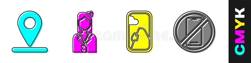 Set Location, Stewardess, Airplane Window and No Cell Phone Icon ...