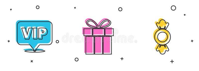 Set Location Vip, Gift Box and Candy Icon. Vector Stock Vector ...