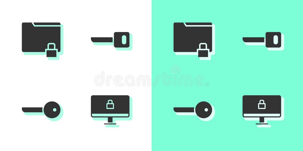 Set Lock on Computer Monitor, Folder and Lock, Key and Icon. Vector ...
