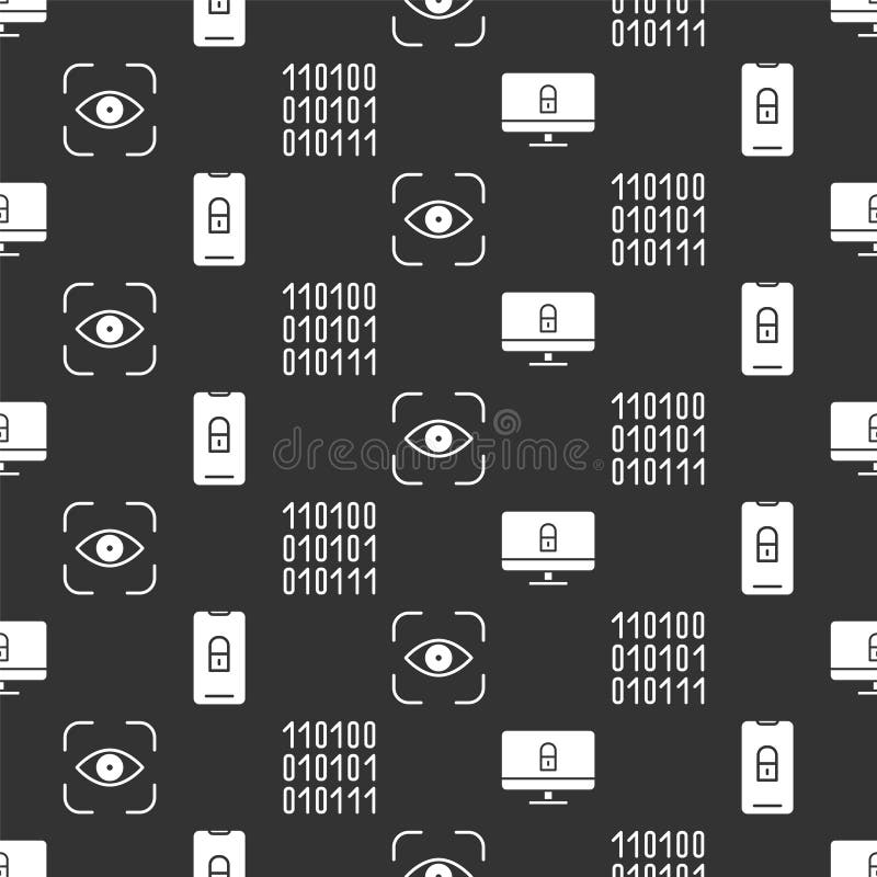 Set Lock on Computer Monitor, Mobile with Closed Padlock, Eye Scan and Binary Code on Seamless ...