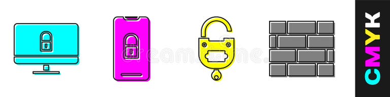 Set Lock on Computer Monitor, Mobile with Closed Padlock, Lock and Key ...