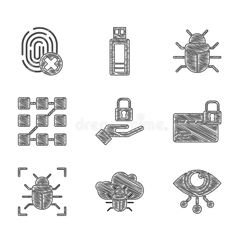 Set Lock in Hand, System Bug on Cloud, Eye Scan, Credit Card with Lock ... Set Lock in Hand, System Bug on Cloud, Eye Scan, Credit Card with Lock ...