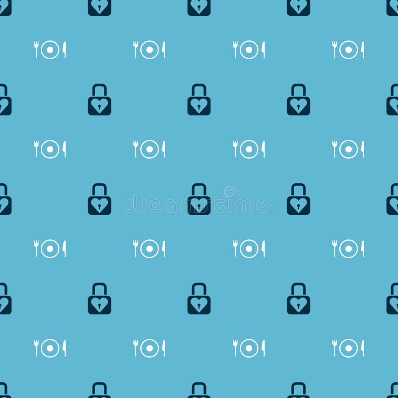 Set Lock and Heart and Plate, Fork Knife on Seamless Pattern. Vector ...