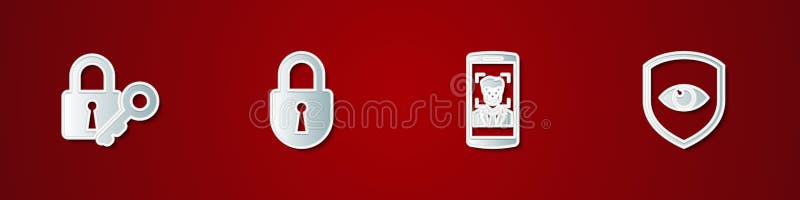 Set Lock and Key, , Mobile Face Recognition and Shield Eye Icon. Vector ...