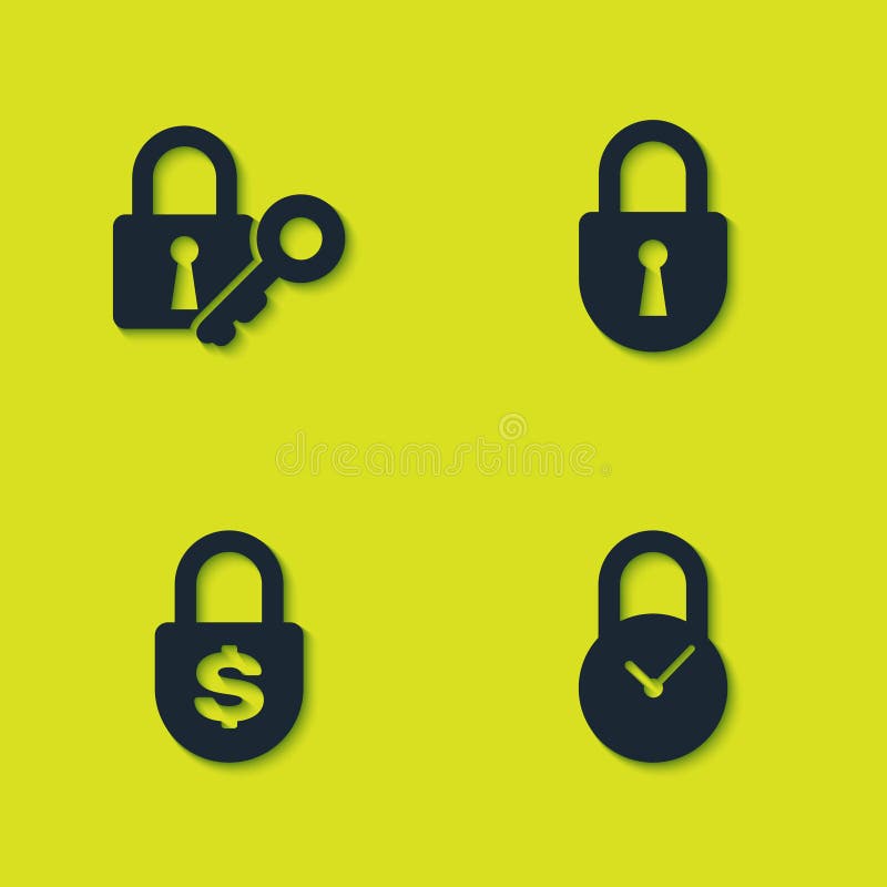 Set Lock and Key, Padlock with Clock, Money and Icon. Vector Stock ...
