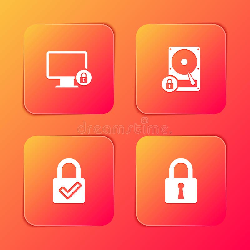 Set Lock on Monitor, Hard Disk Drive and Lock, Check Mark and Icon ...