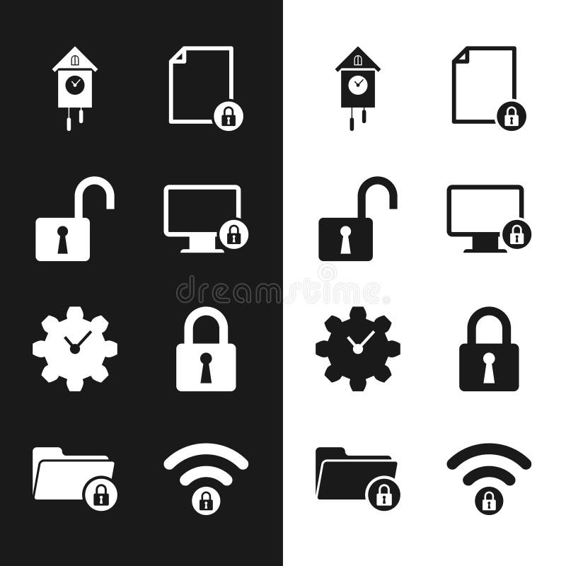 Set Lock on Monitor, Open Padlock, Retro Wall Watch, Document and, Time ...