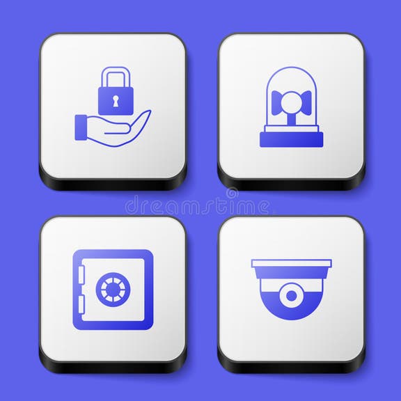Set Lock, Ringing Alarm Bell, Safe and Security Camera Icon. White ...