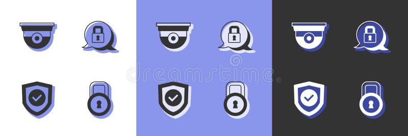 Set Lock, Security Camera, Shield with Check Mark and Icon. Vector ...