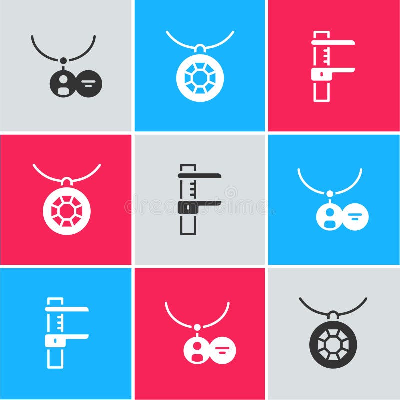 Set Locket on Necklace, Pendant and Calliper or Caliper and Scale Icon ...