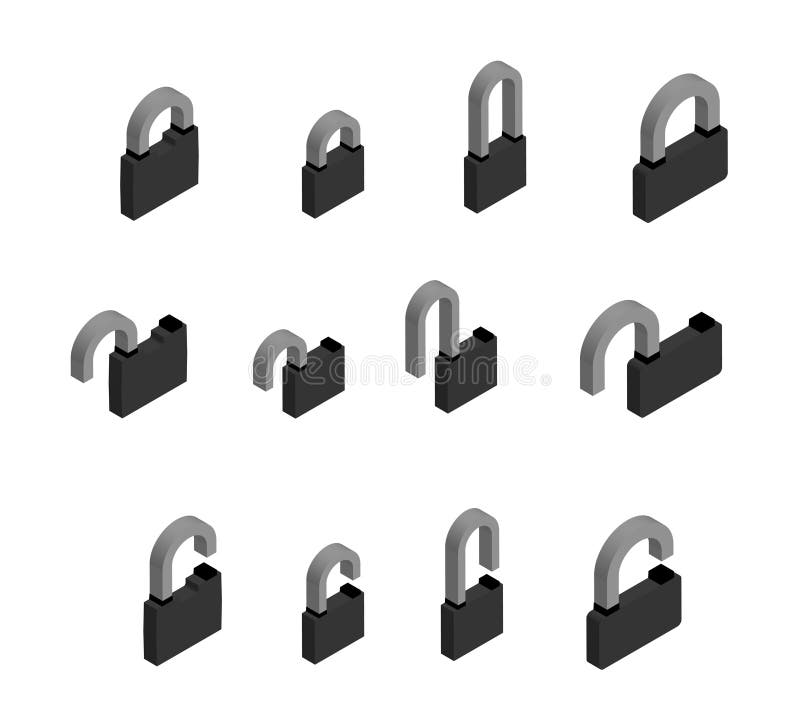 Set of Locks in Open and Closed Position in Isometric on a White ...