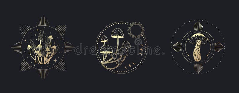 Set of Logo with Various Mystical Mushrooms. Hippie Magic Boho Cards ...
