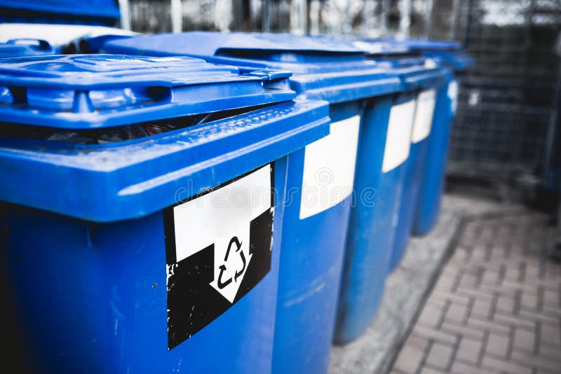 Set Lot of Plastic Recycle Sort Filter Garbage Trash Cans on Side of ...