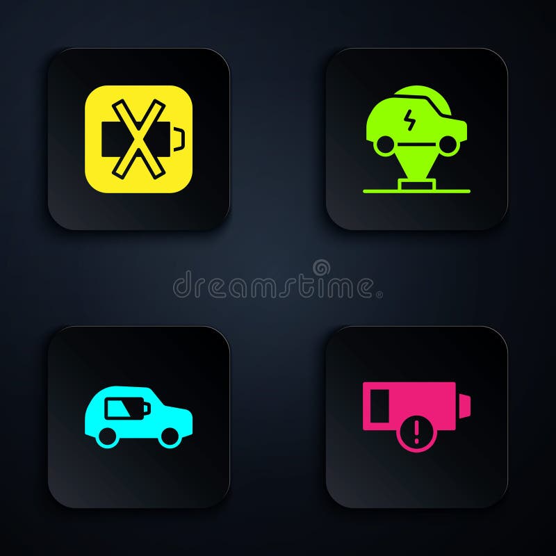 Set Low Battery, Electric Car and . Black Square Button. Vector Stock ...