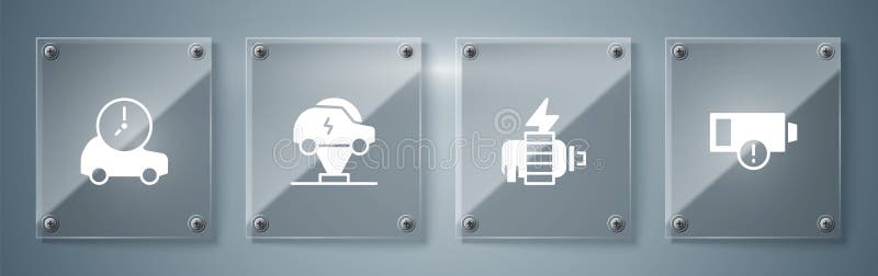 Set Low Battery, Electric Motor, Car and . Square Glass Panels. Vector ...