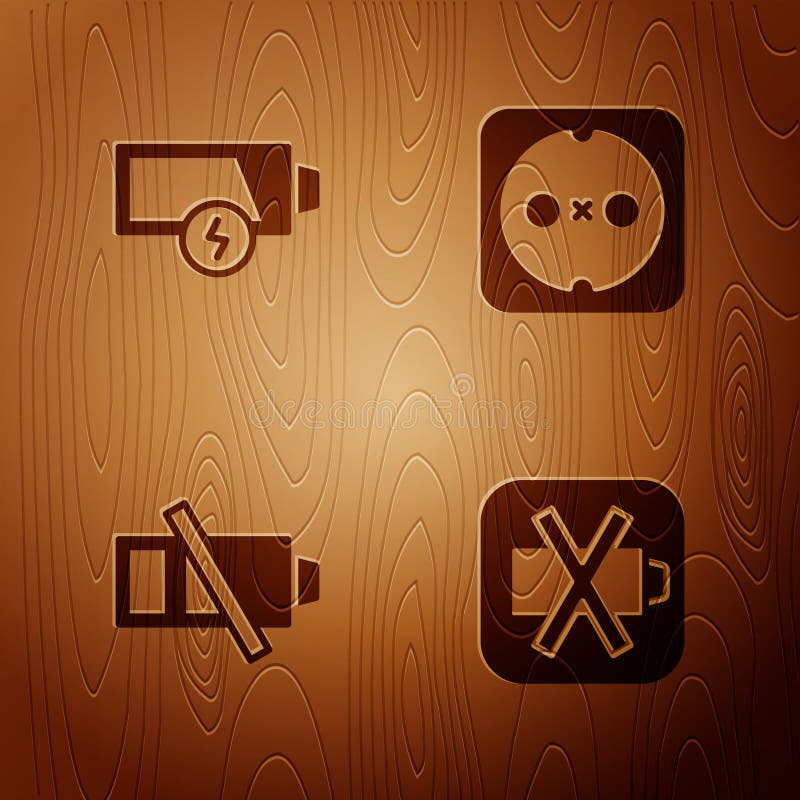 Set Low Battery, and Electrical Outlet on Wooden Background. Vector ...