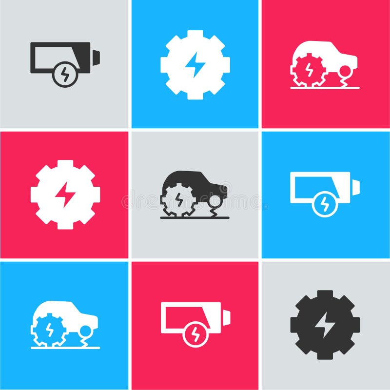 Set Low Battery, Gear and Lightning and Electric Car Service Icon ...