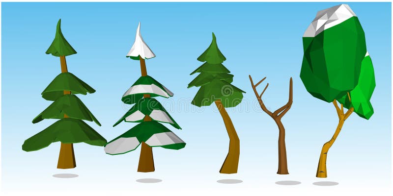 Set of Low-poly Nature, Trees, Snowy Trees, Rocks, Grass, Vector ...